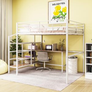 fanyhome metal loft bed, full size metal loft bed with desk and lateral storage ladder, modern loft bed for kids teens, easy assembly, maximize space saving (white)