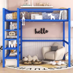 bellemave full size metal loft bed with 4-tier shelves and storage, loft bed with bookshelf (blue)