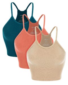 ododos women's crop camisole 3-pack washed seamless rib-knit crop tank tops, beige coral teal, medium/large