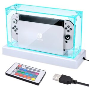 fwieurow upgraded dust cover, 16 led color lampholders, 4-mode dimming, suitable for nintendo switch/oled, acrylic transparent waterproof, dustproof bottom box, cool switch accessories