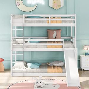 koihome twin over twin over twin adjustable triple bunk bed with slide & two ladders, full-length guardrail & solid slat support, space-saving for kids teens bedroom, no box spring needed, white