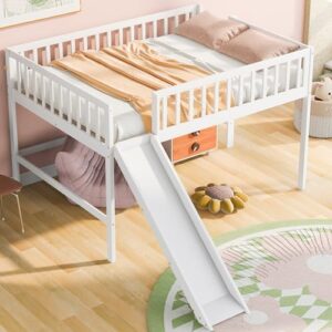 hbrr full size loft bed with slide, wood low loft bed frame with ladder & safety guardrail, for kids boys girls, white