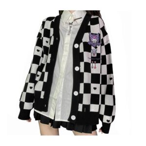 kawaii sweater black plaid anime cardigan sweater for women cosplay costume v neck long sleeve women's button knitted outerwear jk uniform s