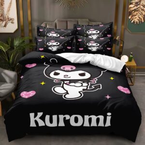 children cartoon lovely kuromi 3d printing bedding 3 piece soft microfiber duvet set includes 1 bed cover and 2 pillowcases, adult boys and girls kit gift