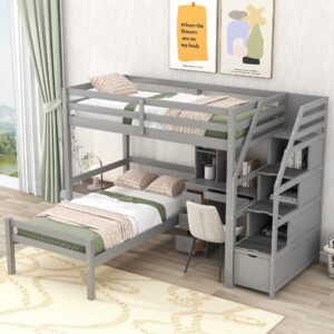 biadnbz twin over twin bunk bed with stairs storage, desk, shelves and drawers, wood l-shaped bunk bed convertible into loft bed with staircase and a platform bedframe, gray