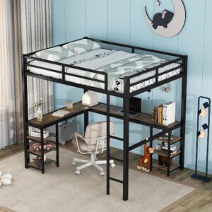 hlcodca full size loft bed with desk, metal loft bed frame with storage shelves, heavy-duty kids loft beds with ladder & l-shape desk for boys girls teens