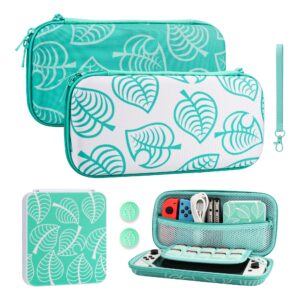 fundiary green travel carrying case for nintendo switch and switch oled with animal crossing leaf design, shockproof accessories with portable storage bag, game card case, handle strap & 2 thumb caps