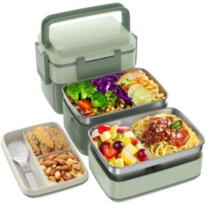 jscares stainless steel bento box adult lunch box, 3 stackable bento lunch containers, portable modern style adult bento box, leakproof 51oz bento lunch box for kids and adults (green)