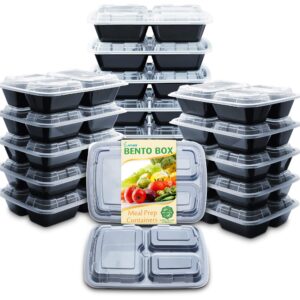 enther meal prep containers with lids 20 pack 3 compartment food storage bento lunch box bpa free, reusable, microwave/dishwasher/freezer safe, 24oz black small