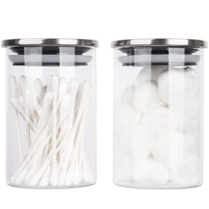 heagoale 2 pack apothecary jars with lids glass qtip dispenser holder bathroom vanity organizer 10 oz clear cotton ball storage containers for cotton swab, cotton round, floss pick, hair accessories