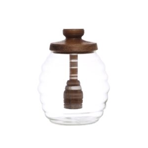 bloomingville 4 inches round 14-ounce glass acacia wood lid and attached dipper for kitchen, natural honey jar, clear