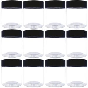 12 pack 4 oz plastic jars,wide-mouth clear storage containers with black lids, empty round clear plastic jars with lids and labels for body butter, bath salt, slime and beauty products