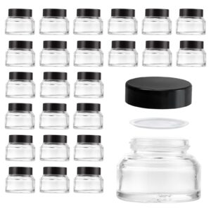 acrux7 24 pack small glass jars, round clear glass jars with black lids, labels & inner liners, empty refillable glass cosmetic container leak proof travel jars for cream, lotion, sample (1.76oz/50ml)