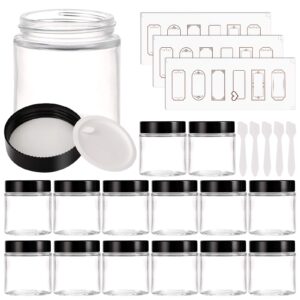 15 pack 4 oz clear glass jars with lids, round empty containers for scrubs, lotions, cosmetic, ointments and butters, travel storage jar with white inner liners £¬black lids, lables and spatulas