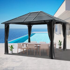 qzen 10' x 12' patio hardtop gazebo, outdoor canopy gazebo with netting, metal gazebo for patio, lawn, garden, deck, outdoor party…