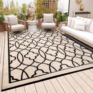 pendolr reversible mats - outdoor rugs 9'x12' for patios clearance, plastic straw rugs waterproof, portable, outdoor rv camping rug, garden, balcony, picnic, beach, camping(black & beige)