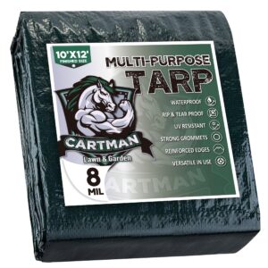 cartman finished size 10x12 feet waterproof green tarp 8 mil thick, multipurpose protective cover for emergency rain shelter camping tarpaulin