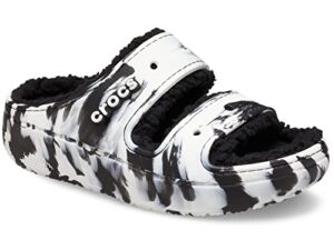 crocs unisex classic cozzzy platform sandals | fuzzy slippers slide, black/white,7 women/5 men