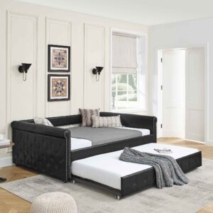 aty full size daybed with twin trundle, upholstered sofa bed design w/button tufted & copper nail, perfect for bedroom, guestroom, living room, no spring box needed, black