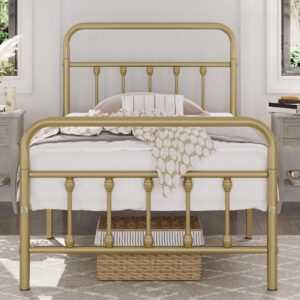 yaheetech classic metal platform bed frame mattress foundation with victorian style iron-art headboard/footboard/under bed storage/no box spring needed/twin size antique gold