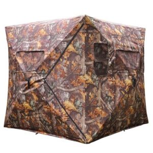 durable poly fabric xl pop up ground hunting blind wood leaf camo hub style tent w/zipper roof door windows for professional wild life fowl game hunt camping