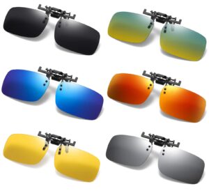 ruijingen clip on flip up polarized lens for prescription glasses, 100% uv protection sunglasses n44 (6 pcs multicolor a)