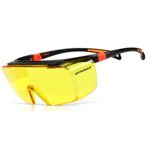 optic max safety glasses that fit over your prescription eyewear. anti- fog & scratch wraparound lenses, adjustable arms