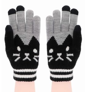 newfancy women men winter knit gloves touchscreen warm soft cat kitten texting fashion mittens for smartphone iphone ipad, black, one size