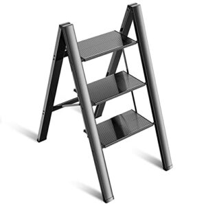 3 step ladder folding ladder stool portable step ladder lightweight aluminum wide anti slip pedal multifunctional household adults stepladder black 330lb