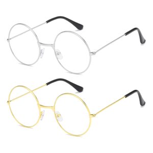 sohupac 2 pcs classic round glasses retro circle eyeglasses clear lens metal frame accessories non-prescription for men women (silver+gold)