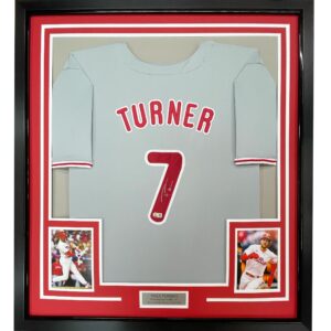 framed autographed/signed trea turner 35x39 philadelphia grey baseball jersey beckett bas coa