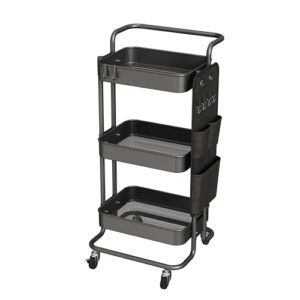 merapi 3 tier metal rolling cart with lockable wheels & side bags, utility cart for teachers, rolling storage cart, art craft cart with 4 hooks for kitchen bathroom office classroom black