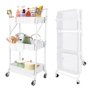 amatic 3 tier foldable metal rolling cart, collapsible rolling storage organizer with wheels, folding laundry utility cart for kitchen & office, include 3 hanging cups & 6 hooks (white)