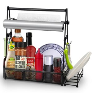 grill caddy, bestmal bbq caddy with paper towel holder, picnic condiment utensil caddy for outdoor camping, barbecue accessories storage organizer for griddle grilling tool, rv patio camper must haves