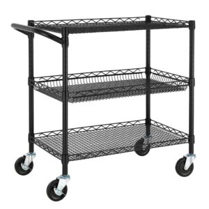 finnhomy 3 tier heavy duty commercial grade utility cart, wire rolling cart with handle bar, steel service cart with wheels, kitchen cart on wheels, food storage trolley, nsf listed, black