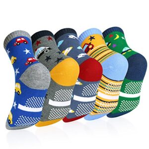 oopor kids cotton crew socks with grip - 5 pack boys girl winter athletic sport ankle sock set 6-8 year