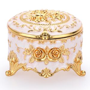 hipiwe vintage round jewelry box small trinket storage organizer box gold metal chest ring case treasure box keepsake box earrings necklace storage box gift for girl women, small