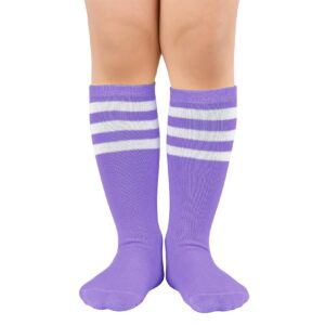 zando girls knee high socks 6-8 years old cotton soft girls soccer socks school uniform socks for girls seamless socks youth tube socks three stripe soccer socks kids light purple 6-9 years