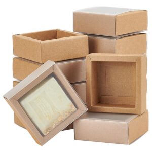 benecreat 12 packs small square brown kraft boxes heavy duty paper gift box with clear pvc windows 3.3x3.3x1.2 for party favor treats, bakery, and jewelry packaging