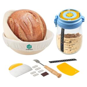 jaobhahy sourdough bread baking supplies, 2 pcs 9" banneton bread proofing baskets, 34 oz starter jar, linen liner, bowl scraper, dough cutte, bread lame, temperature stickers,perfect bread making kit