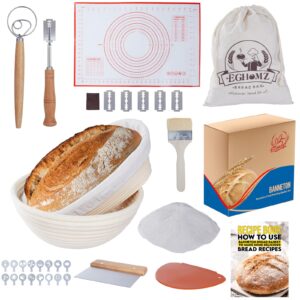 17 pieces banneton bread proofing basket set - 9 inch round and 10 inch oval sourdough bread proofing baskets - a complete bread making kit, danish whisk, bowl scraper, dough scraper, & bread lame