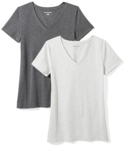 amazon essentials women's classic-fit short-sleeve v-neck t-shirt, pack of 2, charcoal heather/light grey heather, x-large