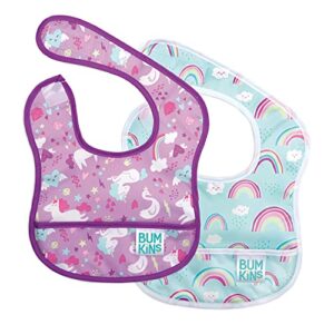 bumkins bibs, for baby girl or boy, infant 3-9 mos, essential must have for eating, feeding, baby led weaning, mess saving waterproof soft fabric, starter bib 2-pk unicorns, rainbows blue and purple