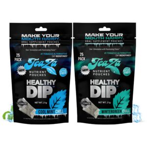 teaza energy pouches, tobacco free nicotine free, smokeless alternative snuff healthy chewing tobacco alternative, minty flavors combo | 1 wintergreen chill & 1 cool mint chill | 2 x 25 pouch packs