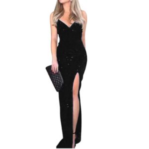 ranfare women's sexy v neck bodycon sequin gown evening dress with slit (black-3-l)