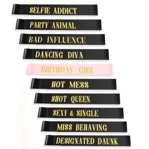 10 pack birthday sash for women group,happy birthday party supplies sashes favors decorations for women,birthday squad girls glitter sash set,9 funny sashes,1 birthday girl sash(black and rose gold)