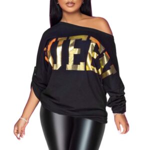 pesion womens off the shoulder tops sexy shiny shirts long/short sleeves fashion graphic t-shirts blouses, black+ gold large