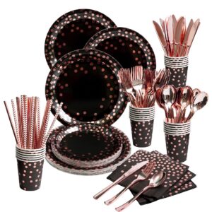 homix black and rose gold party supplies - rose gold dot on black paper plates napkins straws and cups silverwares serves 25 for wedding bridal shower birthday bachelorette party decorations