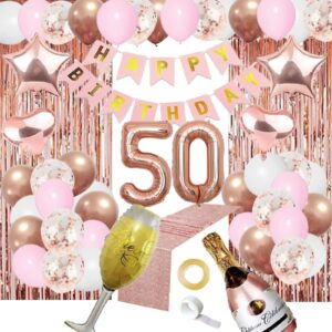 50th birthday decorations women, rose gold 50 birthday party decorations for her, happy birthday banner, curtains, table runner, balloons set for fifty year old party