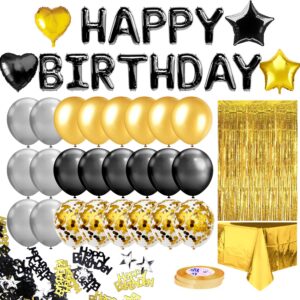 movinpe black gold birthday party decoration, black happy birthday banner, golden fringe curtain, foil tablecloth, heart star confetti balloons, 10g table confetti for girl boy kids men women adults